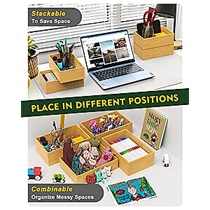 VenDotbi Bamboo Drawer Organizer Storage Box, Multi-Use Stackable Tray Drawer Organizer for Kitchen, Bathroom, Office Desk, Makeup, Jewelry-4Pack