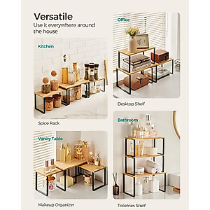 SONGMICS Cabinet Organizer Shelf, Set of 3 Kitchen Counter Shelves, Kitchen Storage, Spice Rack, Stackable, Expandable, Metal and Bamboo, Ink Black and Natural Beige UKCS014B01