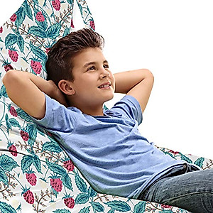 Ambesonne Fruit Lounger Chair Bag, Raspberry Pattern with Foliage Leaves Hand Drawn Seasonal Food Spring Vegetation, High Capacity Storage with Handle Container, Lounger Size, Multicolor