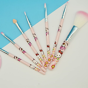 7 PCS Kitty Makeup Brush with Kitty Cat Mirror-Cosmetic Makeup Brush Set Tool Kit Set Brush Set Best Gift for Young Girl Women