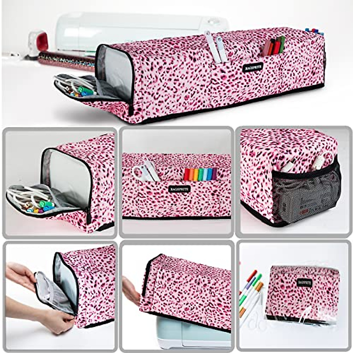 BAGSPRITE Cover for Cricut Maker, Maker 3， Explore 3, Explore Air 2, Cricut Dust Cover with Pockets for Tool Set Cricut Accessories (Rose Red)