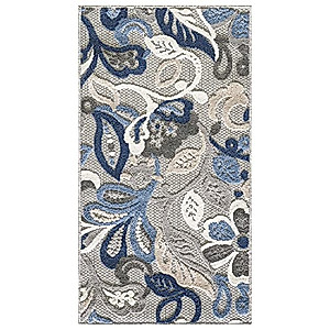 HomeRoots 2’ x 4’ Blue Gray Jacobean Floral Indoor Outdoor Area Rug