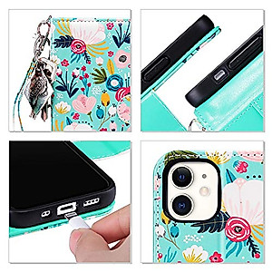 ULAK Compatible with iPhone 12 Mini Wallet Case with Card Holders for Women, Designed PU Leather Flip Wallet with Kickstand Card Slot, Protective Phone Cover for iPhone 12 Mini, 5.4inch, Mint Flower