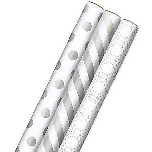 Hallmark Silver and White Wrapping Paper with Cutlines on Reverse (3 Rolls: 105 sq. ft. ttl) Stripes, Dots, Geometric for Weddings, Christmas, Hanukkah, Bridal Showers, Birthdays
