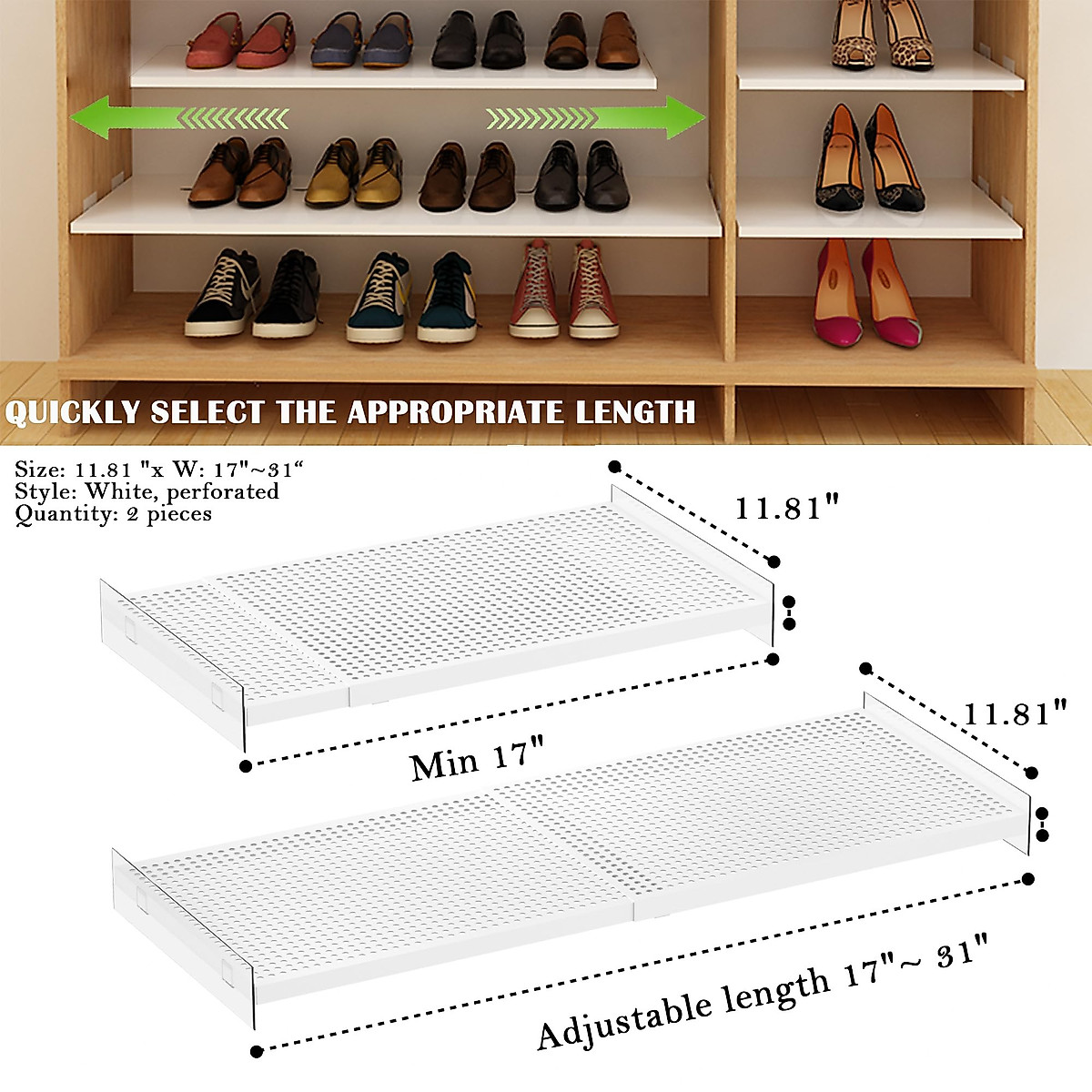SlimmKISS Expandable Closet Tension Shelves Organizers, Adjustable Shelf for Cabinet Rack Storage Wardrobe Divider Shelving for Pantry 2 Pack (Perforated White,W11.81 x L: 17" to 31")