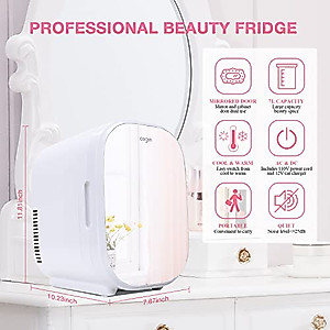 Cegsin Mini Fridge, 5 Liter/8 Cans Small Skincare Fridge with Mirror Door, AC/DC Portable Mini Refrigerator for Cosmetic & Makeup, Compact Plug In Cooler and Warmer for Bedroom, Dorm, Office, Car(White)