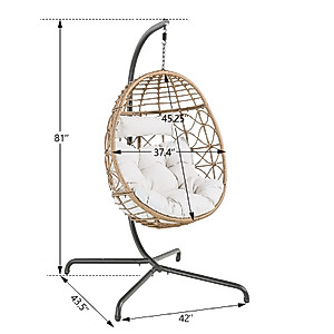 Ulax Furniture Swing Egg Chair with Stand - Indoor/Outdoor Wicker Rattan Hammock Chair with UV-Resistant Cushions - Patio Hanging Chair for Garden, Deck, and Poolside