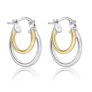 Hoops & Loops Yellow Gold Flash Sterling Silver Two-Tone Double Circle Round-Tube Polished Hoop Earrings, 15mm