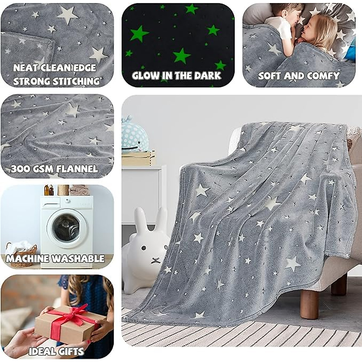 Glow in The Dark Blanket, Star Theme, for Toddlers and Boys & Girls Aged 3-15, Perfect for Home, Car, Outdoors, Winter, Thanksgiving, Christmas, Birthday, Presents, Gifts, Holidays