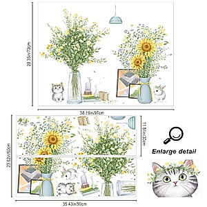 Sunflower Vase Plants Wall Sticker Cute Cat Rabbit Decor, Removable Daisy Flower Green Leaf Wallpaper Decals, AUHOKY Garden Potted DIY Art Mural for Living Room Bedroom Kitchen Nursery Home Decoration
