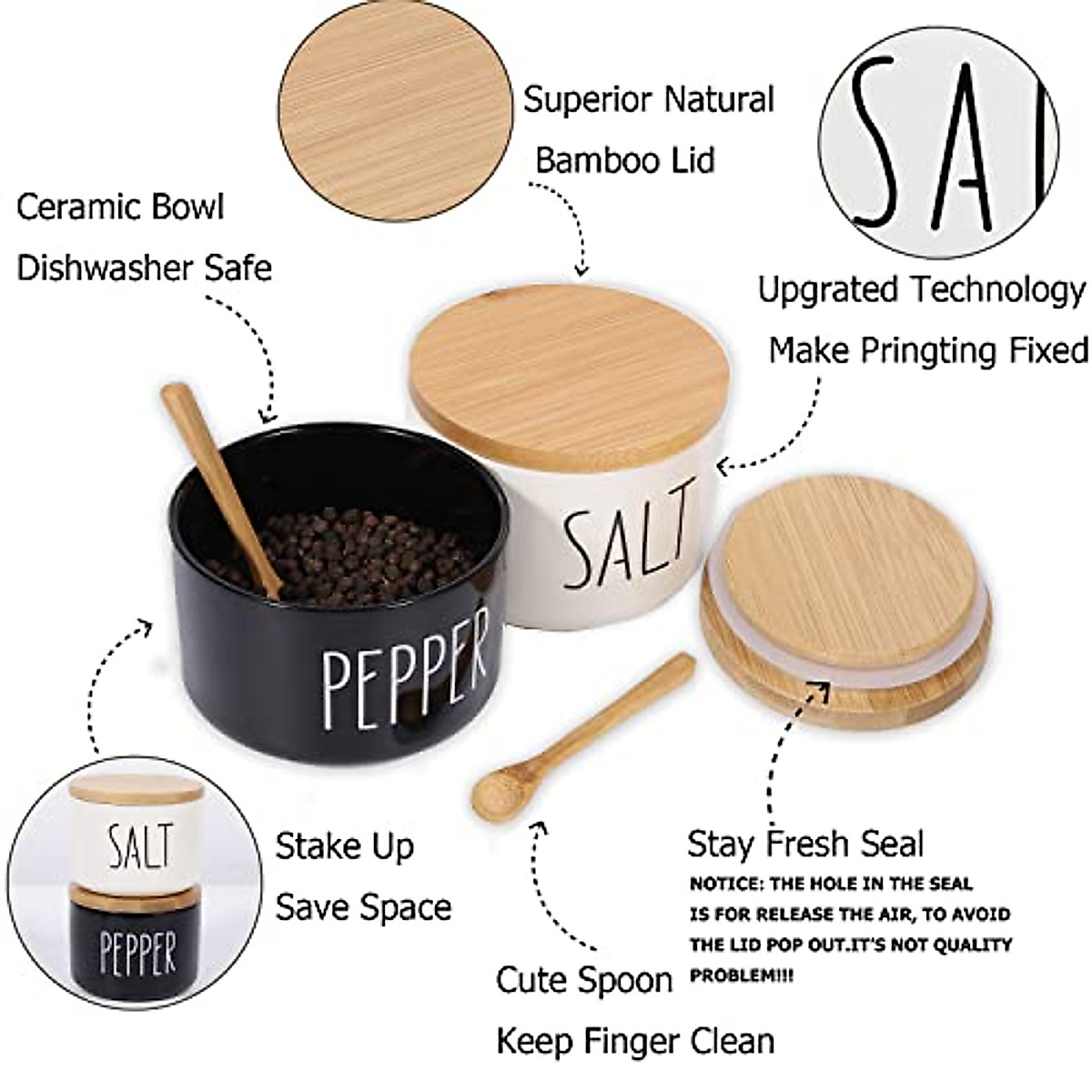 VICUKIE Farmhouse Salt And Pepper Bowls,Stacked Ceramic Salt Cellar With Bamboo Lid, Salt Container With Lid And Spoon, Modern Farmhouse Kitchen Decor, Salt Box, Spice Box(BLACK AND WHITE)