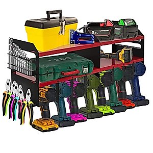 LADECH Cordless Drill Charging Station - 8 Drill Holder - Power Tool Organizer, Wall Mount Shelf with Screwdriver and Pliers Holder - Garage Storage Organizer (8 Drill Holder)