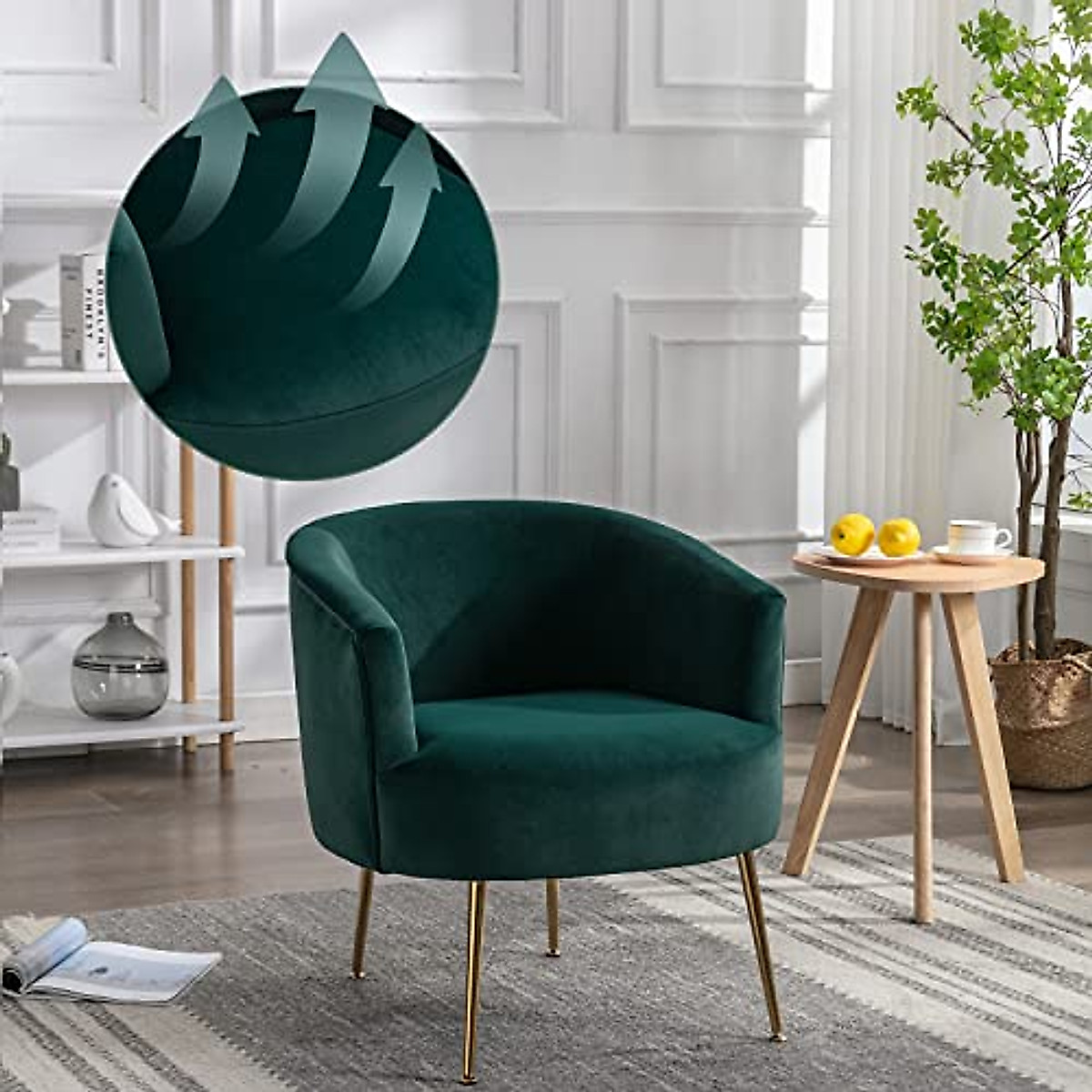 KIVENJAJA Accent Barrel Chair, Modern Velvet Upholstered Club Armchair, Arm Chairs for Living Room Bedroom Small Space Plush with Golden Metal Legs, Dark Green