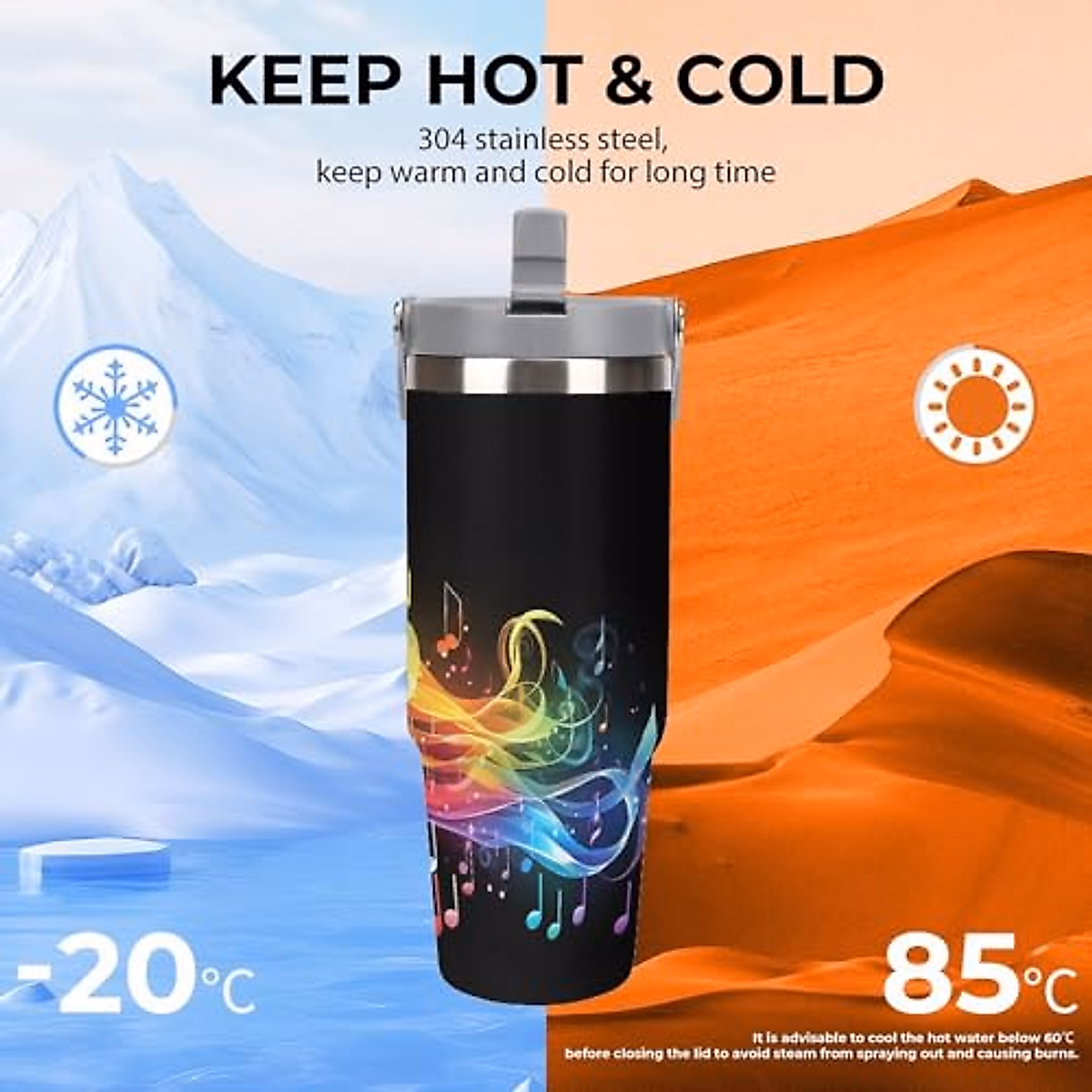 BWQJKUO Large Capacity Car Cup 30 Oz Stainless Steel Rainbow Musical Note Melody Printed Travel Mug Leak-proof Flip Straw Tumbler with Handle,keeps Cold Or Ho