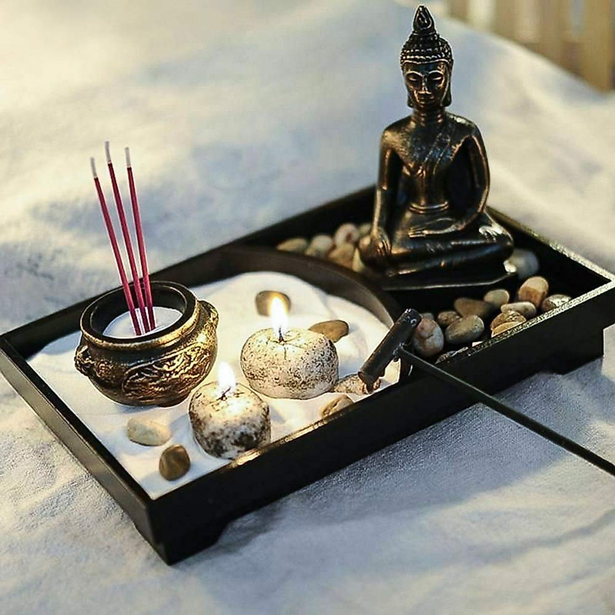 Royal Brands Zen Garden with Buddha, Rake, Rock Candle, and Incense Holder – Peace and Tranquility (9"x6"x7")