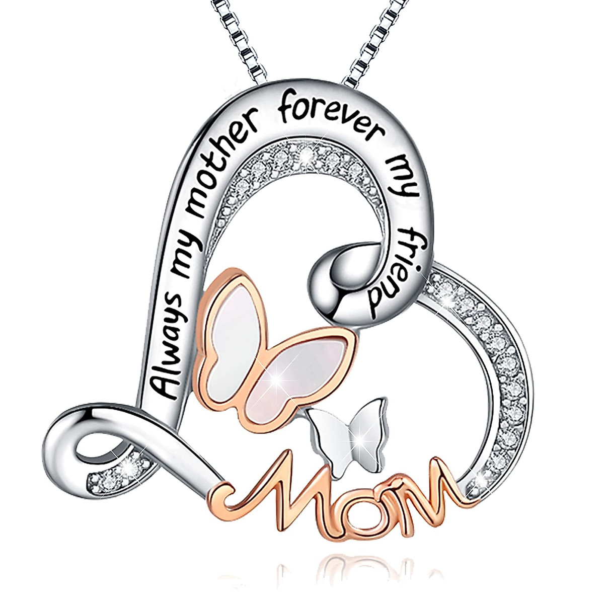 ASLBUNM Mom Necklace S925 Sterling Silver Mother Daughter Butterfly Always My Mother Forever My Friend Love Heart Pendant Necklaces Jewelry Grandmother Mom Gift
