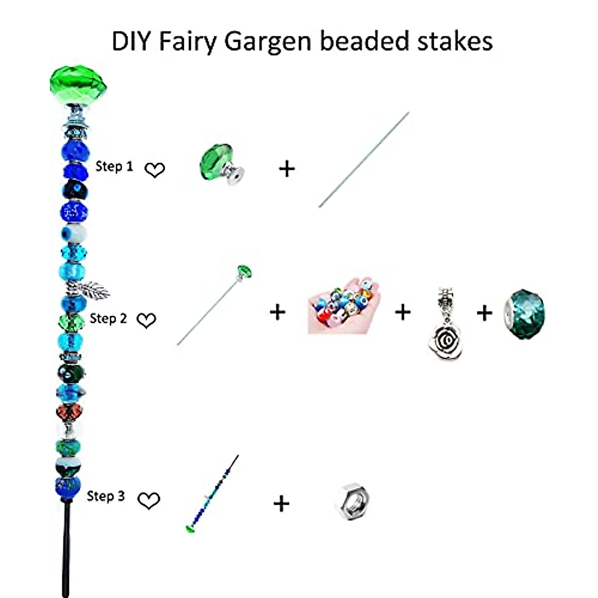 ALT2DAY Fairy Garden Beaded Stakes Kit Plant Pot Jewelry Accesory kit Fairy Wands Glass Beads Diamond Top DIY Materials for 3 pc of 11 inch (3, A)