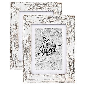 Califortree Rustic White 5x7 Picture Frame - Display Photos 4x6 with Mat or 5x7 Without Mat - Real Glass Frames for Wall and Tabletop - Set of 2