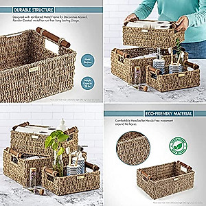 ADO Basics Wicker Basket with Stain Resistant Wooden Handles, Seagrass Wicker Baskets for organizing 14.6"x10.3"x6.2" and 12"x8.3"x5.1" and 9.5"x6.6"x4.1", Set of 3