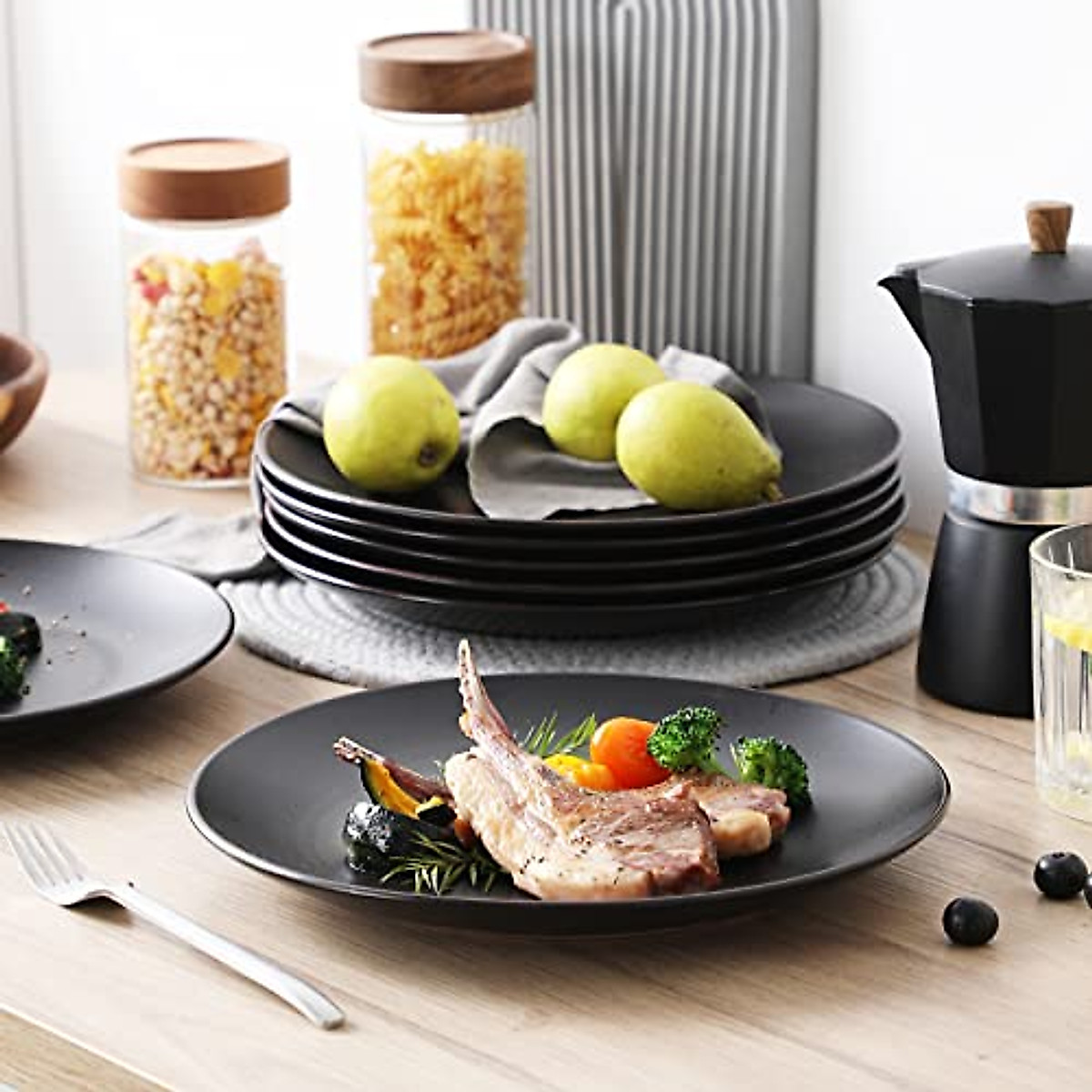 vancasso Moda Dinner Plates Set of 6, 10.5 Inch Ceramic Plates Set, Black Handpainted Big Serving Plate, Microwave Oven and Dishwasher Safe-Black