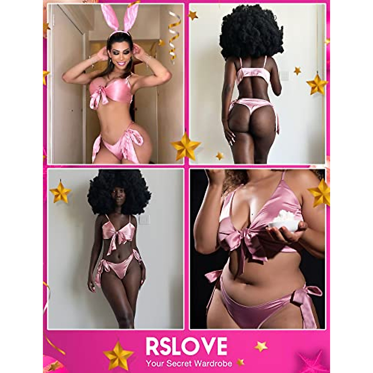 RSLOVE Women Sexy Lingerie Set Satin Bow Tie 2 Piece Bra and Panty Sets Pink L
