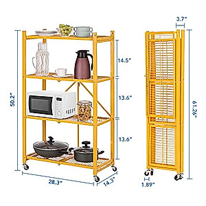 ShanSon Storage Shelves with Wheels 4 Tier Heavy Duty Foldable Metal Rack Storage Shelving Units for Garage Kitchen，Yellow