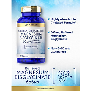 Carlyle Buffered Magnesium Bisglycinate 665 mg | 250 Capsules | Chelated Essential Mineral | Non-GMO and Gluten Free Supplement