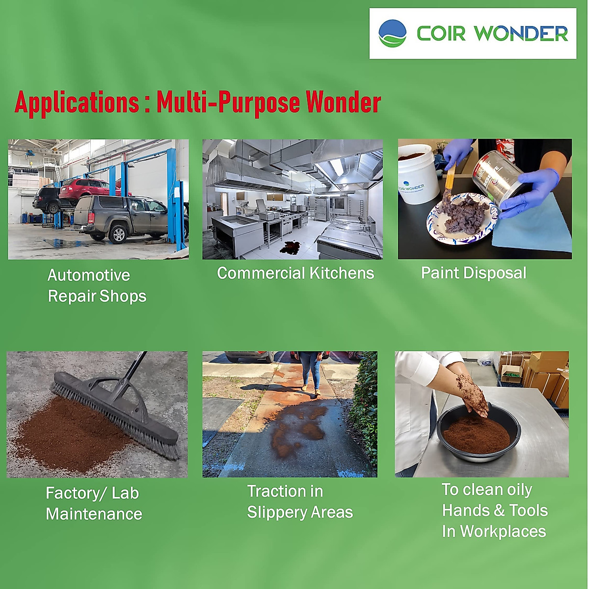 Coir Wonder 3-in-1 Oil Absorbent, Paint Hardener & Sweeping Compound – 9 Liter (9.5 Quart) – for Oil, Biohazard, Spill Kit – Granular Powder – Solidifies 20 Cups Fry Cooking Oil Without Heat