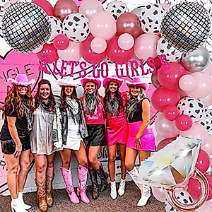 Western Cowgirl Let's Go Girls Bachelorette Party Decoration Hot Pink Nashville Bridal Shower Bachelorette Balloon Garland with Lets Go Girls Banner Ring Disco Balloon for Western Bridal Shower