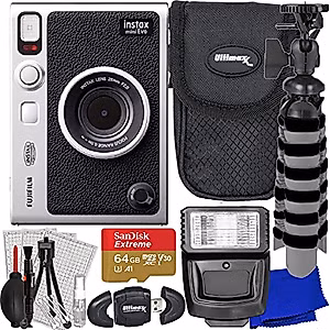 Ultimaxx Advanced Bundle + FUJIFILM INSTAX MINI EVO Hybrid Instant Camera + SanDisk 64GB Extreme micro-Memory Card, Mini “Gripster” Tripod, Digital Flash, Water-Resistant Case & Much More(15pc Bundle)