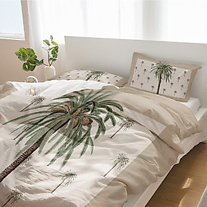 3 Pieces Duvet Cover Cal King Bedding Sets Coastal Beach Green Palm Trees Luxury Soft Comforter Cover with Pillowcases Summer Tropical Coconut Tree Microfiber Quilt Covers Set for Bedroom Decor