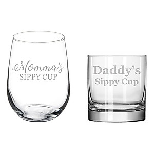 Set of 2 Glasses Stemless WINE & ROCKS Whiskey Gift Momma And Daddy's Sippy Cup Funny For New Parents For Couple For Mom And Dad