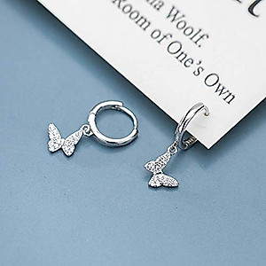 Dainty Butterfly Dangle Hoop Earrings 925 Sterling Silver for Women Girls Cute CZ Crystal Diamond Sparkly Charm Drop Cartilage Small Huggie Hoops 10mm Fashion Jewelry Christmas Gifts Hypoallergenic (Silver)