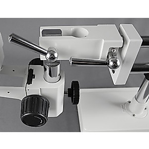 Vision Scientific VS-5FZ-IFR07 Simul-Focal Trinocular Zoom Stereo Microscope,10x WF Eyepiece,0.7X-4.5X Zoom,3.5X—90x Magnification,0.5X & 2X Auxiliary Lens, Double Arm Boom Stand, 144-LED Ring Light