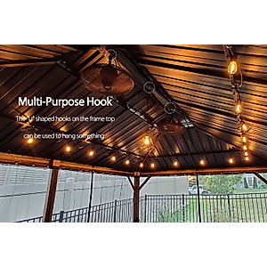 PURPLE LEAF 12' X 20' Outdoor Hardtop Gazebo for Patio Galvanized Steel Double Roof Permanent Canopy Teak Finish Coated Aluminum Frame Pavilion Gazebo with Netting and Navy Blue Curtains