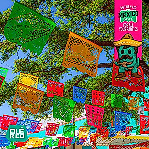 OLÉ RICO - Mariachi Banner, Plastic Papel Picado Banner, Mexican Party Banner, Mexican Themed Party Decorations, Fiesta Party Decorations, Authentic Mexican Decorations, 16 x 13 in 16 ft. Long, 10 Count (Pack of 10)