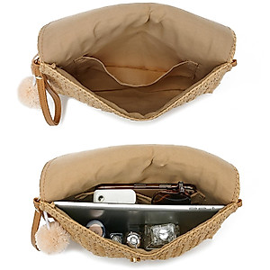 YIKOEE Straw Purse for Women Summer Beach Woven Bag With PomPom (Khaki)