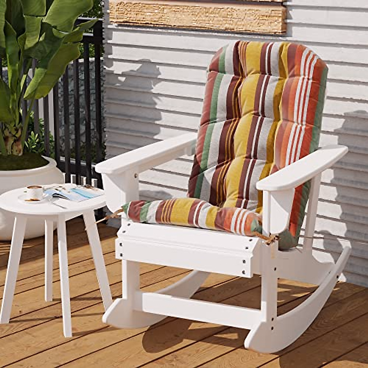Sundale Outdoor Adirondack Rocking Chair with Cushion, HDPE Patio Plastic All Weather Adirondack Rocker, Water Resistant for Outside, Garden, Pool, Yard, White