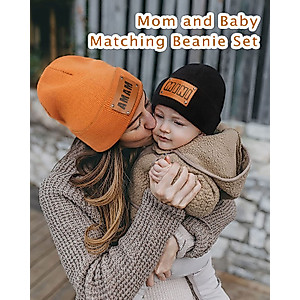 2PCS Parent-Child Beanie Hat Mama and Mini Leather Patch Knitted Hat Winter Warm Cuffed Ski Cap Black