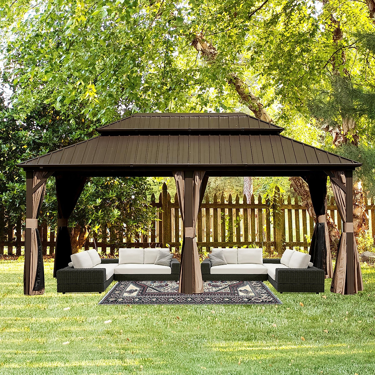 Domi 12' x 18' Hardtop Gazebo Permanent Metal Gazebo with Galvanized Steel Double Roof, Curtains and Netting for Party, Wedding, Outdoor Dining, Patio, Backyard, Brown