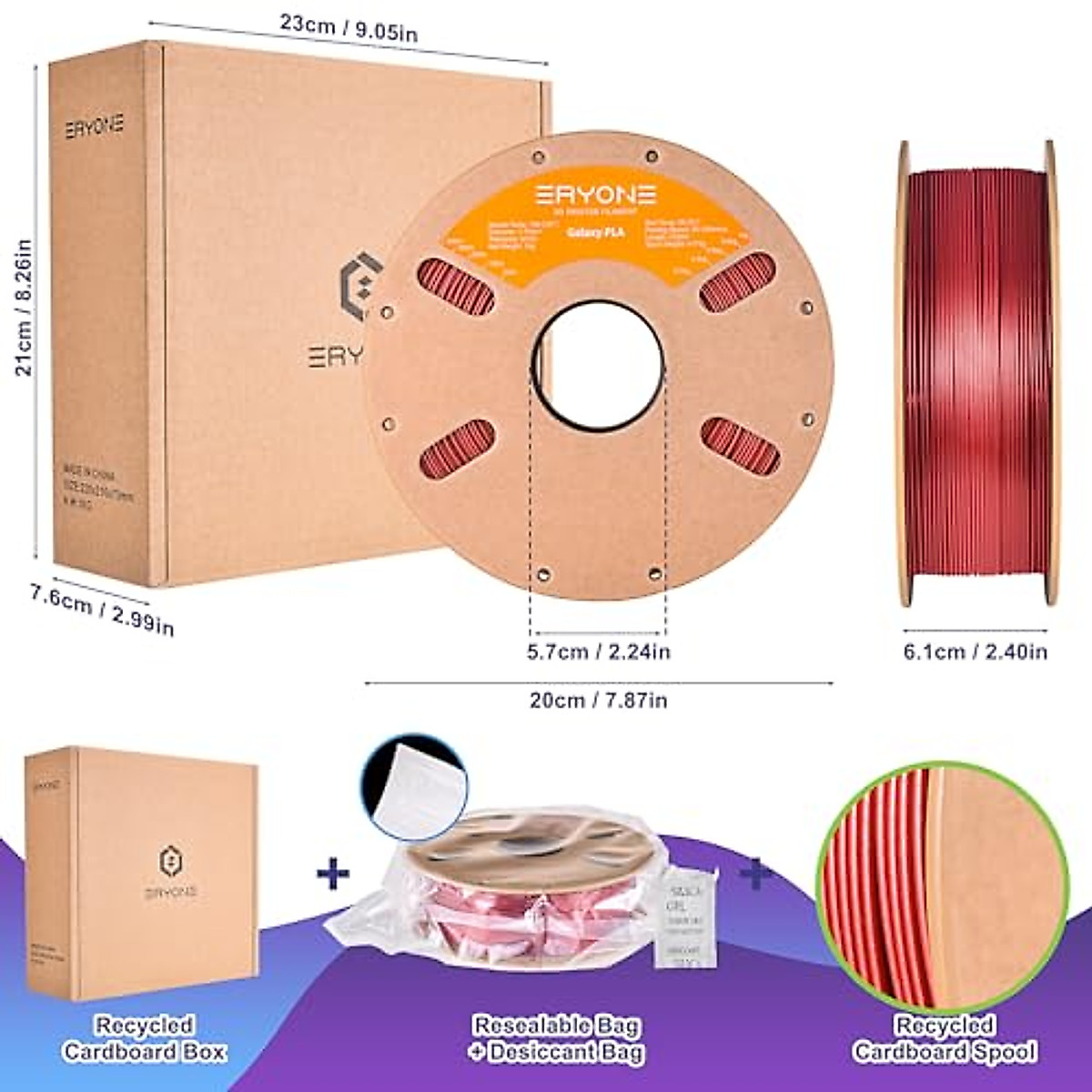 ERYONE Sparkly Glitter Shining PLA Filament for 3D Printer, 1.75mm +/-0.03mm, 1kg(2.2LBS)/Spool, Red