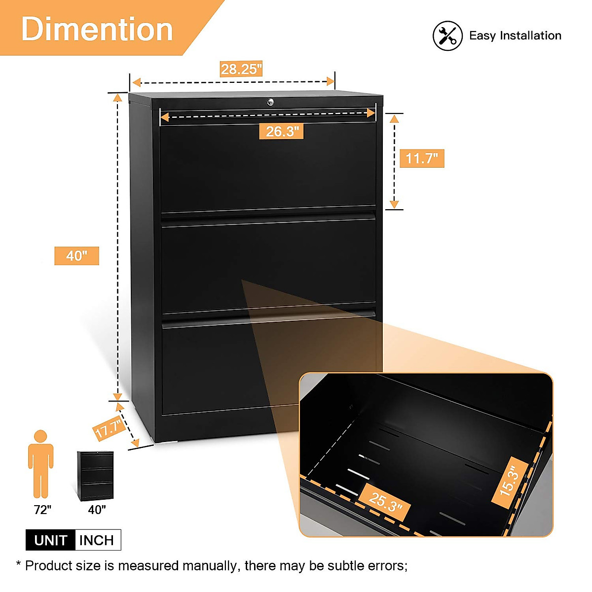 Aobabo 3 Drawer Lateral Steel File Organizing Cabinet with Locking System and Adjustbale Hanging Bars for Letter/Legal Size Paper, Black