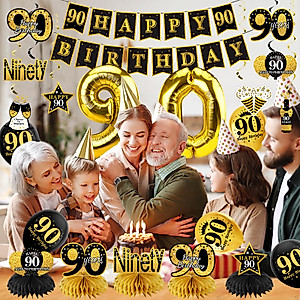 Turypaty 36Pcs 90th Birthday Decorations Kit for Men Women, Black Gold Happy 90 Birthday Banner Balloons Honeycomb Centerpiece Hanging Swirl Party Supplies, Ninety Year Old Bday Table Topper Decor