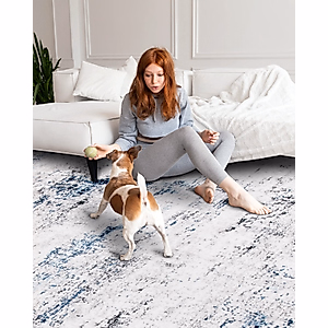 Area Rug Living Room Rugs: 8x10 Large Soft Indoor Carpet Modern Abstract Rug with Non Slip Rubber Backing for Under Dining Table Nursery Home Office Bedroom White Gray Blue