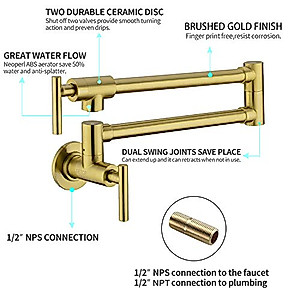 LEETCP Pot Filler Faucet Wall Mount, Brass Material, Brushed Gold Color, with Double Joint Swing Arms, 2 Handles with 2 Cartridges to Control Water (Style Brushed Gold)