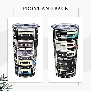 20oz Insulated Tumblers with Lids and Straws Retro Cassette Tape Stainless Steel Coffee Tumbler Cup Double Wall Vacuum Travel Coffee Mugs for Home, Office, Outdoor
