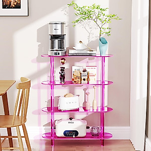 solaround Clear Bookshelf, Acrylic Bookcase with Open Book Shelf Console Table for Entryway Office (4 Tier Pink)