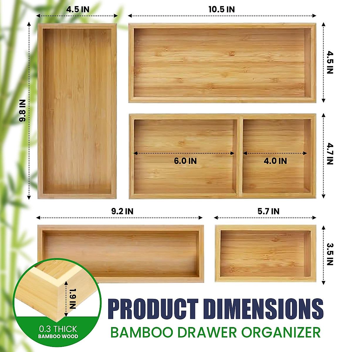 Bamboo Drawer Organizer Box Set of 5 Wooden Drawer Organizers for Kitchen, Bathroom, Office, Desk, Vanity, Makeup-Non-Slip Junk Drawer Organizer Trays for Storage & Organization by Zen Smart