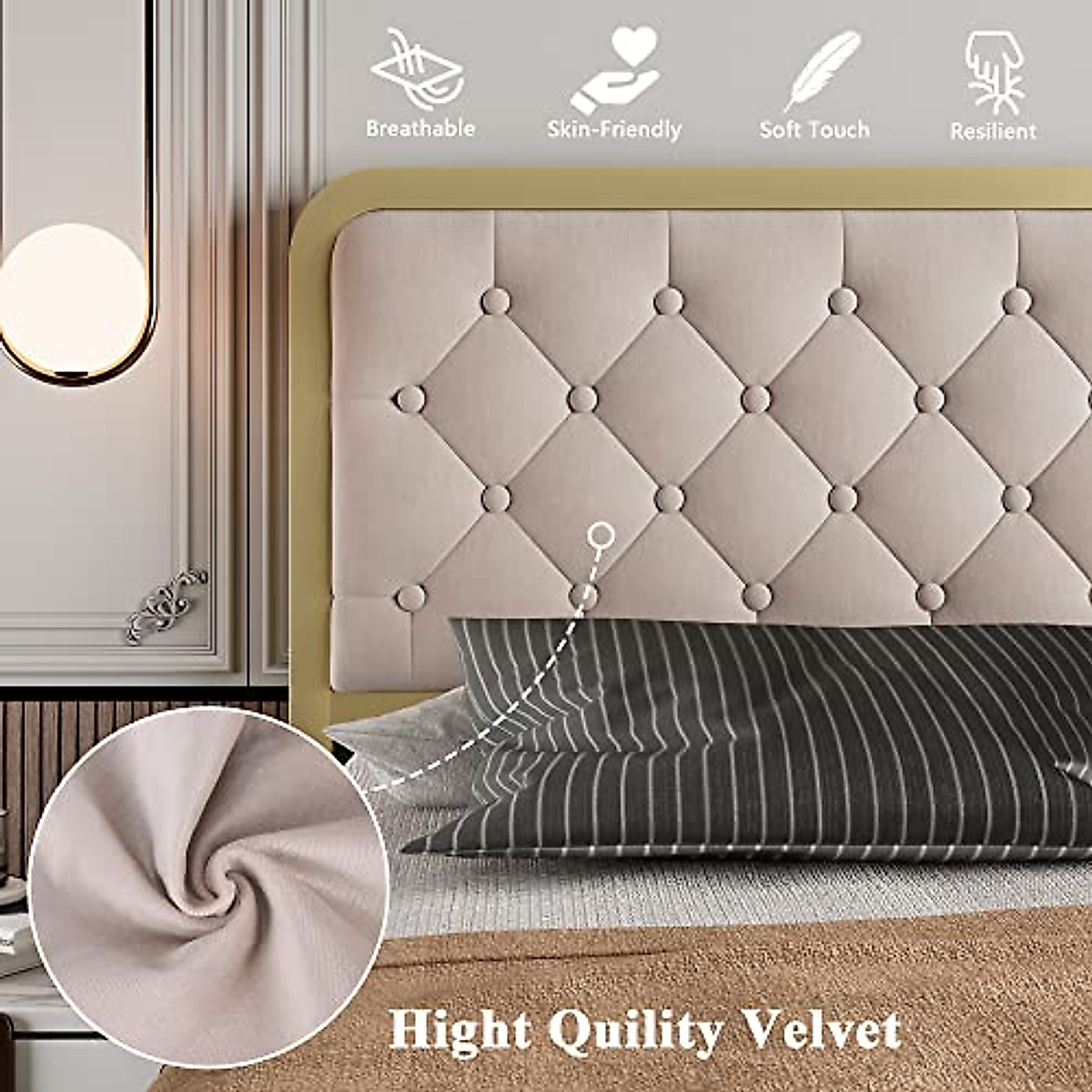 Feonase Full Size Platform Bed Frame with Heavy-Duty Steel Slats, Velvet Upholstered Headboard, 12" Storage Space, No Box Spring Required, Noise Free, Easy Assembly, Golden and Beige