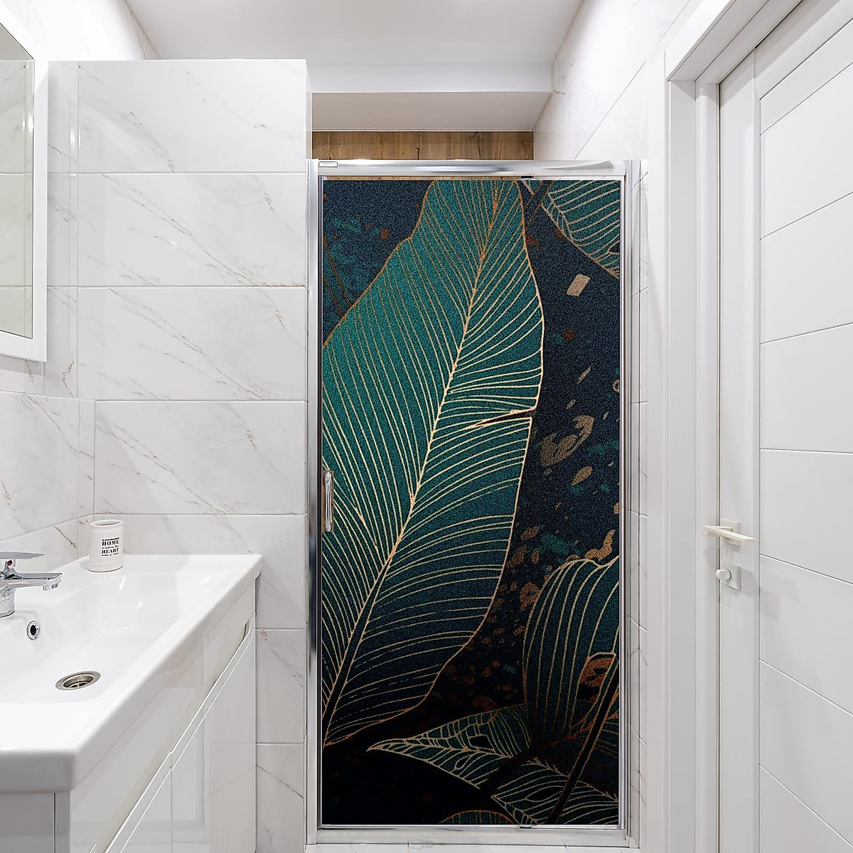 BoeHiop Window Privacy Film, Luxury Gold Green Palm Leaves Frosted Window Clings, Decorative Glass Covering Decals, Non-Adhesive Vinyl, 17.7 x 23.6 in